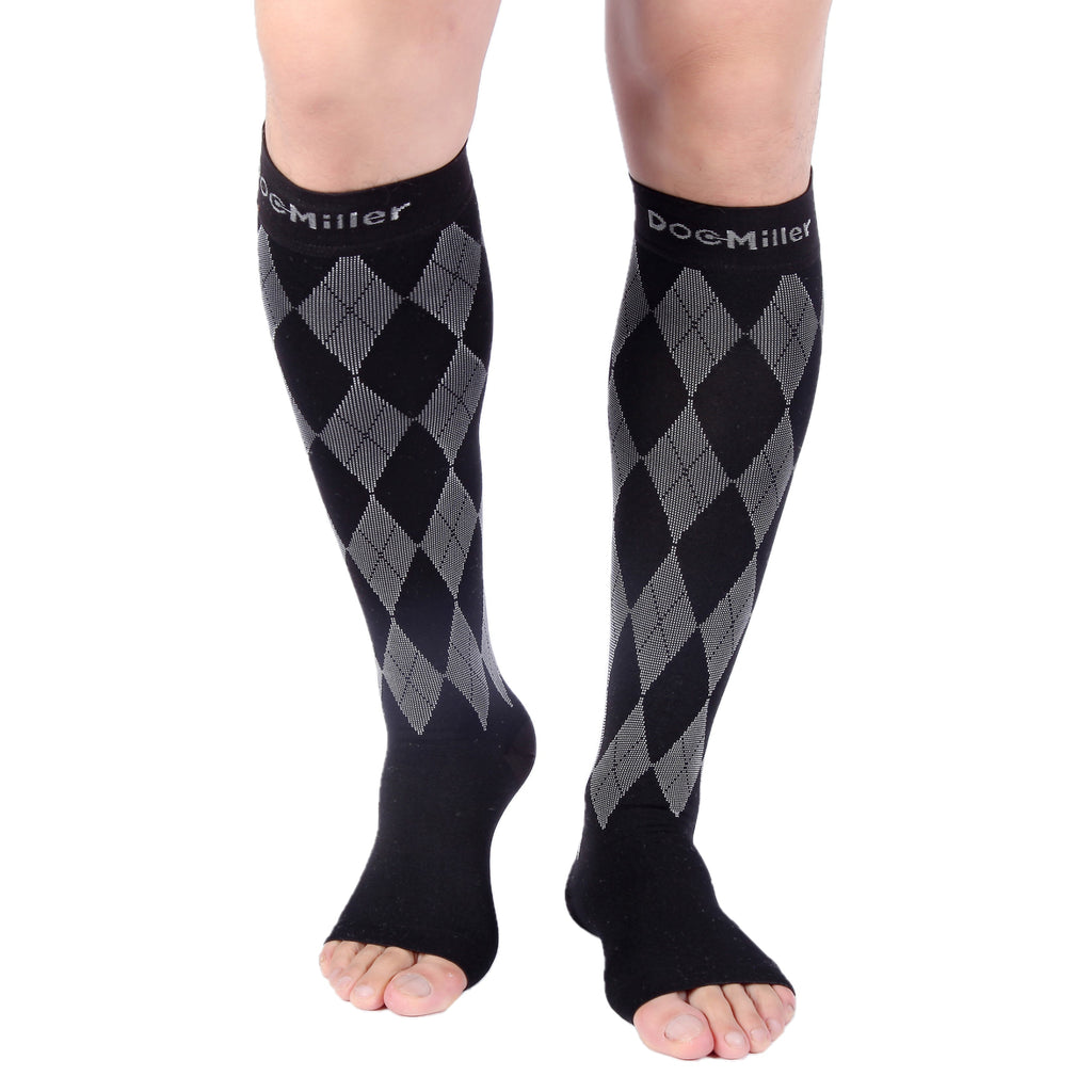 Open Toe Compression Socks 20-30 mmHg Argyle BLACK/GRAY – Doc Miller